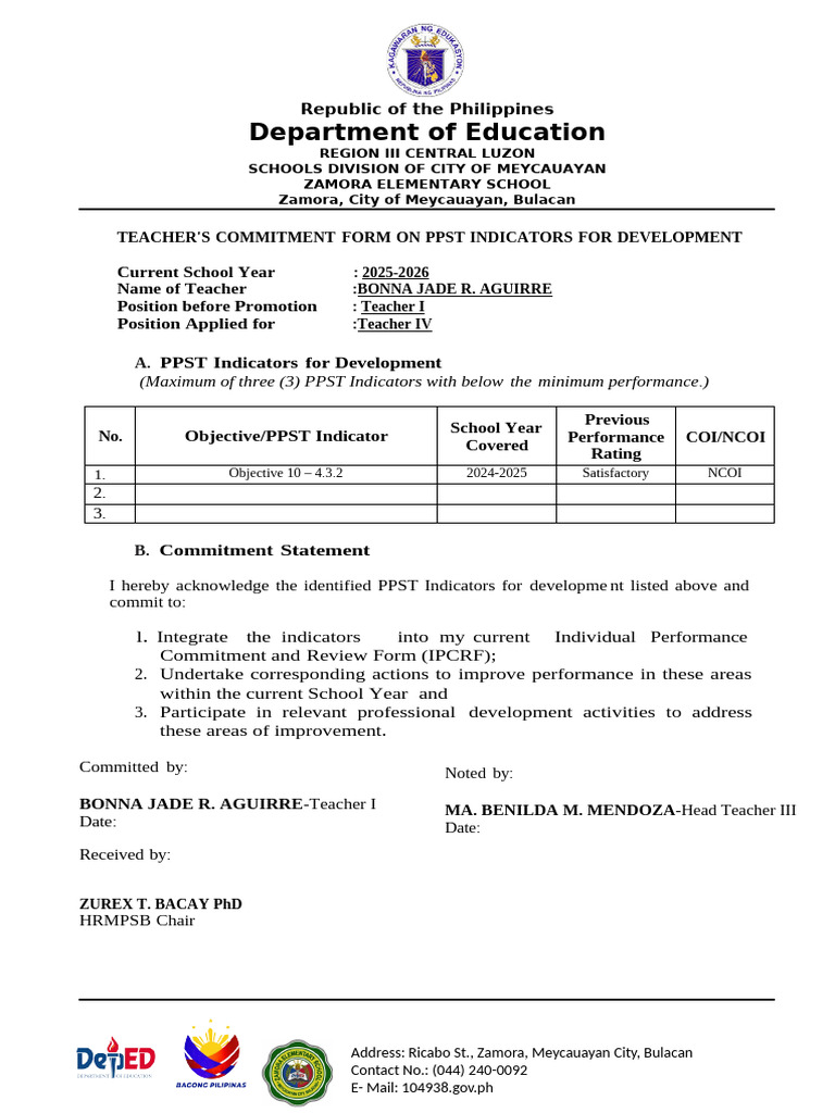 Teacher Commitment Form for PPST Indicators | PDF