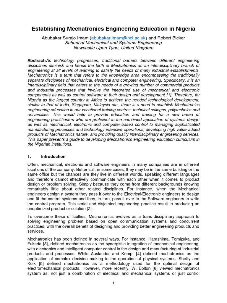 Mechatronics Engineering Education in Nigeria | PDF | Mechatronics ...