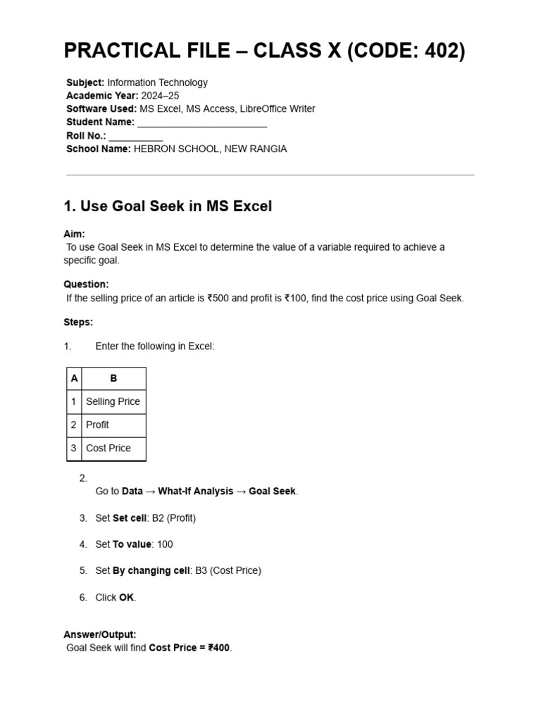 Practical File - Class X (Code - 402) | PDF | Microsoft Access ...