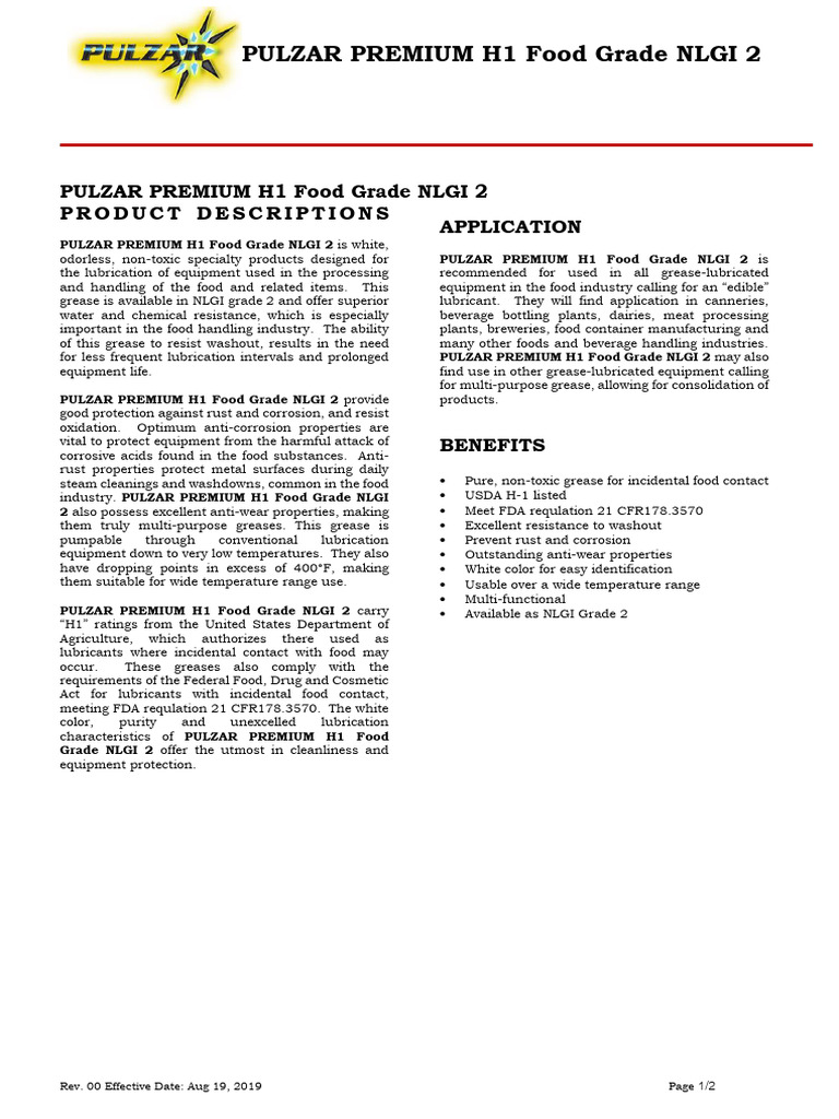 Pulzar Premium h1 Food Grade Nlgi 2 Pds | PDF | Chemical Substances ...