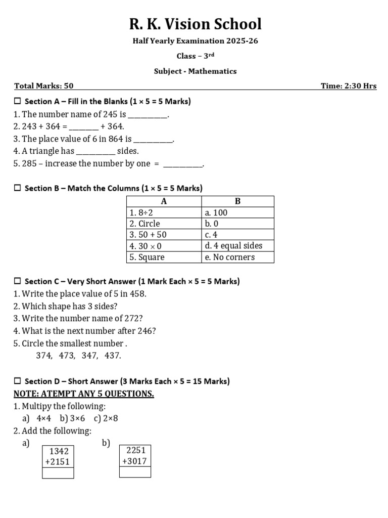 Class 3 Mathematics Half Yearly Exam 2025 | PDF | Euclidean Geometry ...