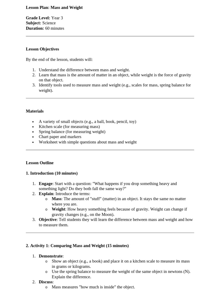 Mass vs. Weight Lesson Plan for Year 3 | PDF | Weight | Mass