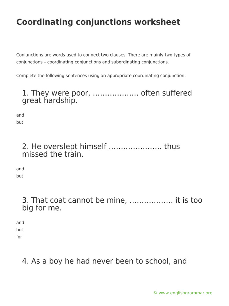 Coordinating Conjunctions Practice Worksheet | PDF