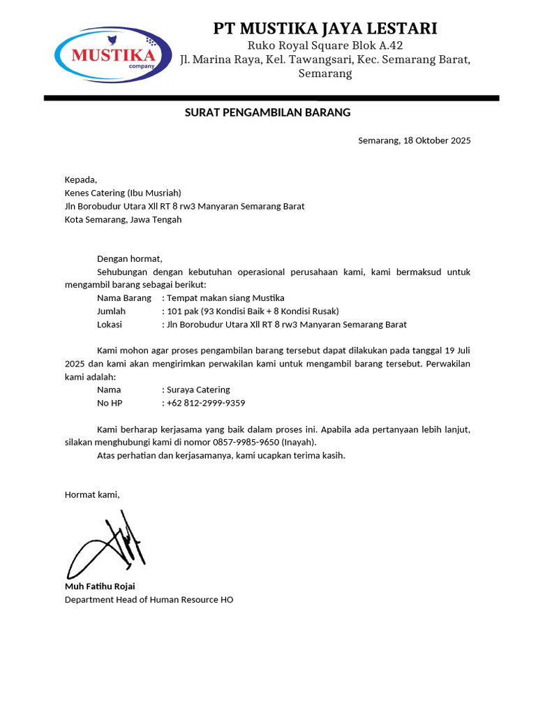 Surat Pengambilan Barang Kenes Catering | PDF