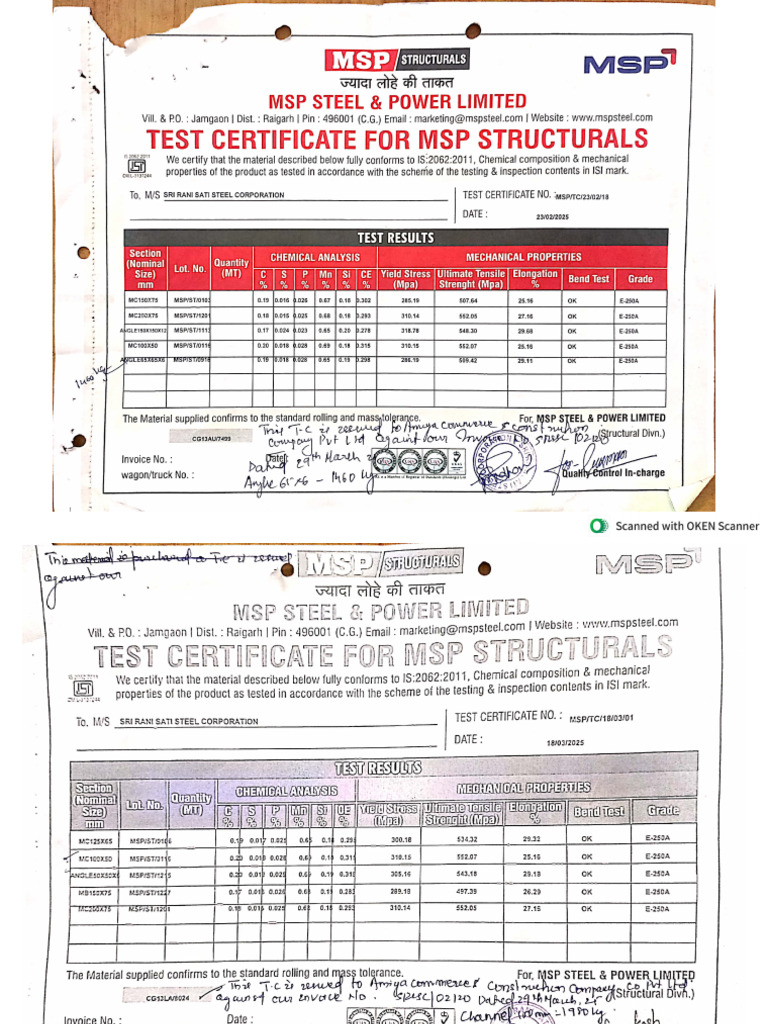 Test Certificates From Shree Ranisati Steel Corporation | PDF