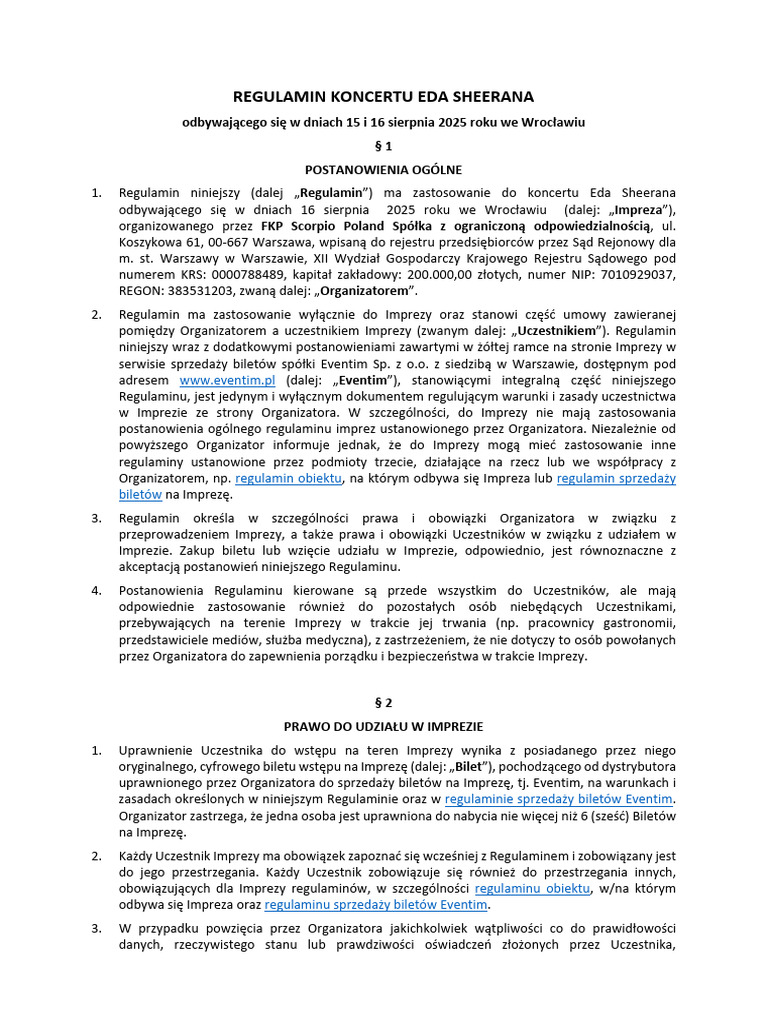 Ed Sheeran Regulamin 2nd | PDF