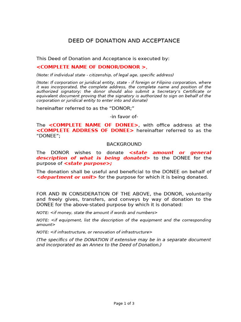 Deed of Donation & Deed of Acceptance (Generic) | PDF | Government ...