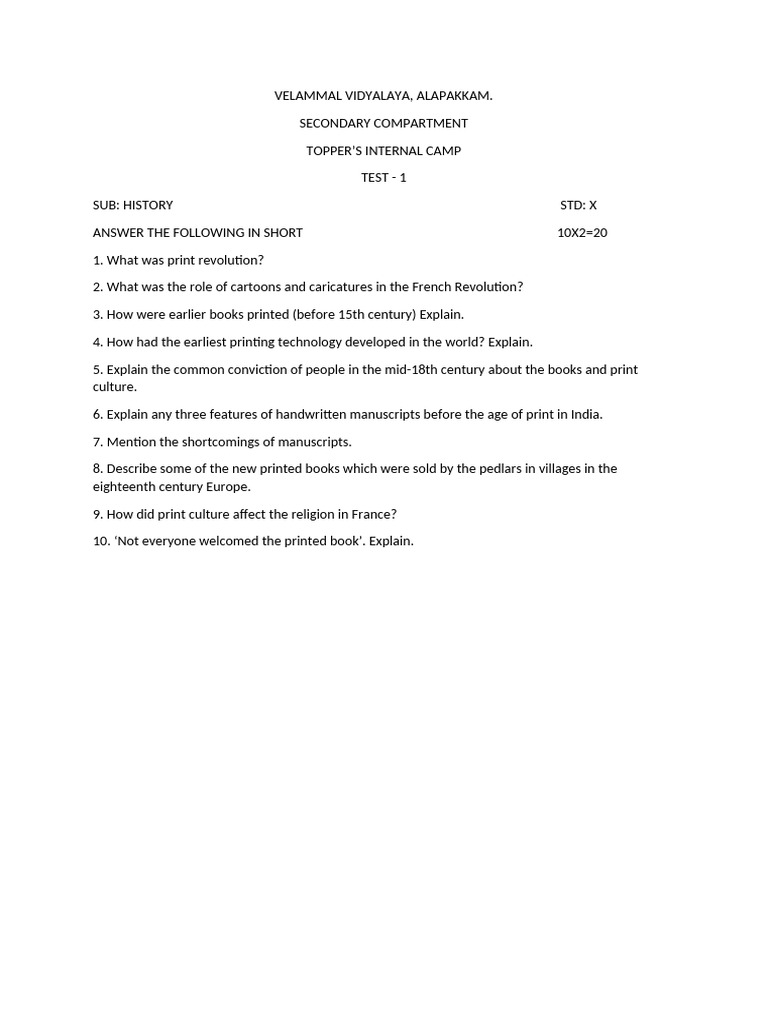 History Test Questions for Std X Students | PDF | Government ...