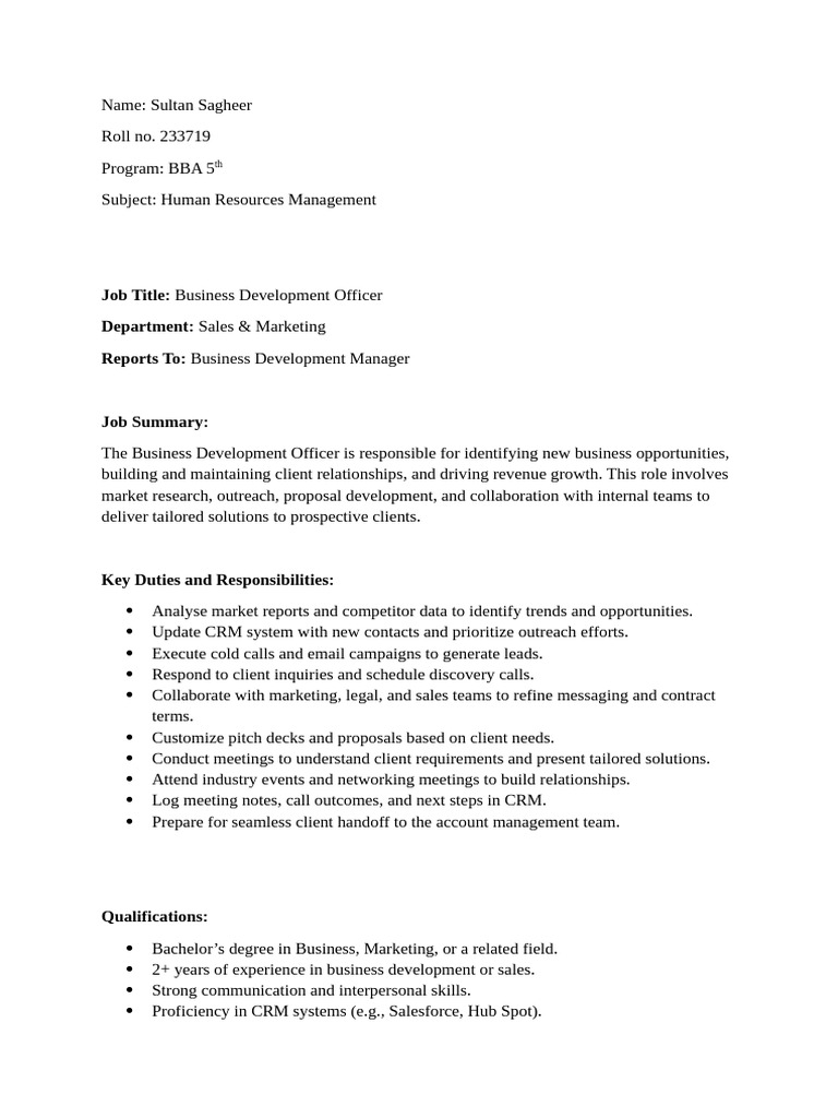 Job Title: Department: Reports To | PDF