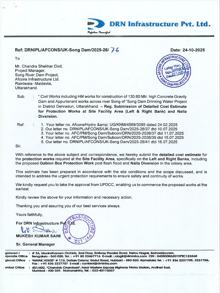 Submission of Detailed Cost Estimate For Protection Works at Site ...