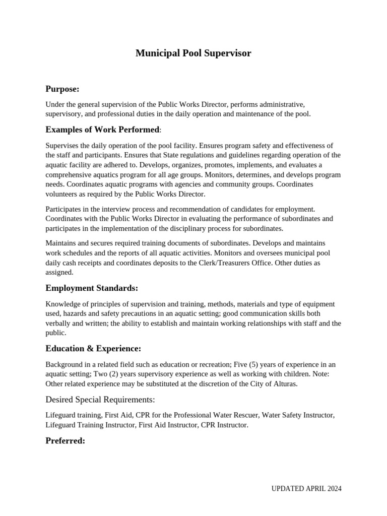 Municipal Pool Supervisor Job Overview | PDF | Safety