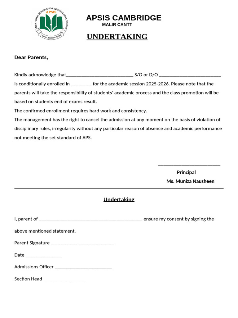 APSIS Cambridge Enrollment Undertaking | PDF