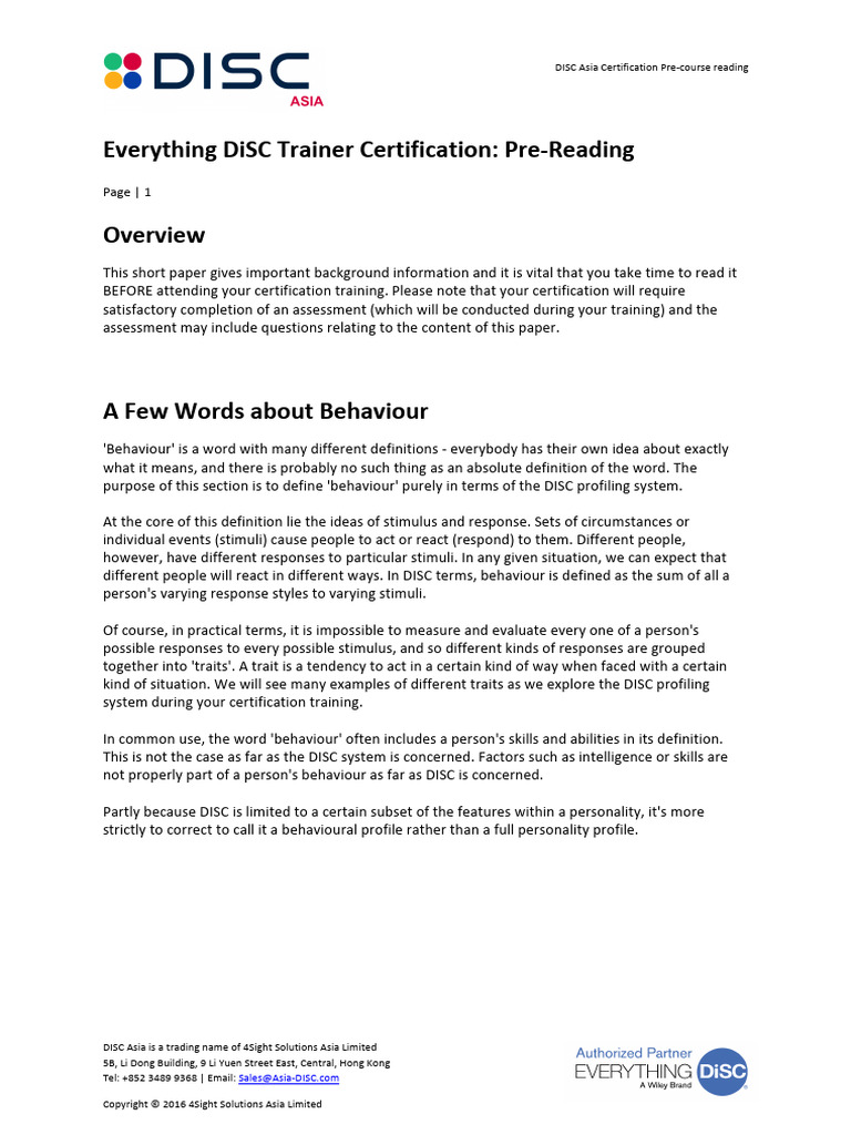 DISC Asia Certification Pre-Reading | PDF | Psychology | Psychological ...