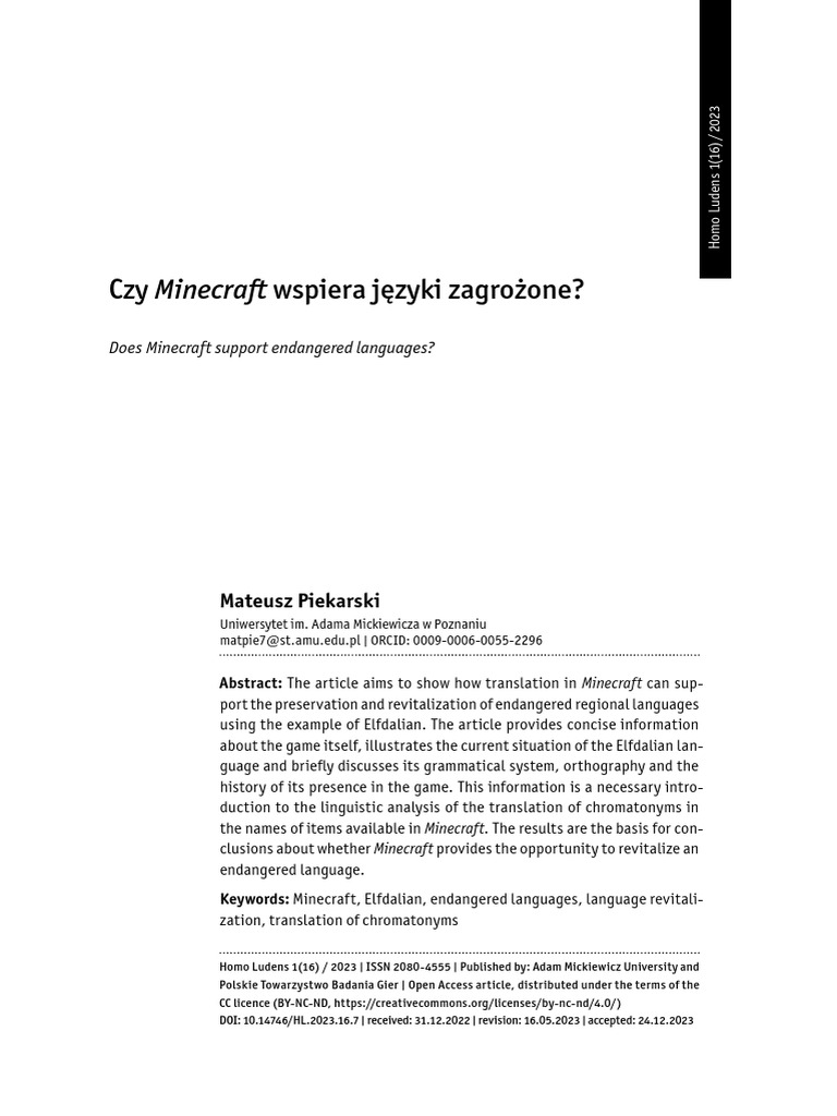 Czy Minecraft Wspiera Jezyki ZagrozoneDoes Minecra | PDF