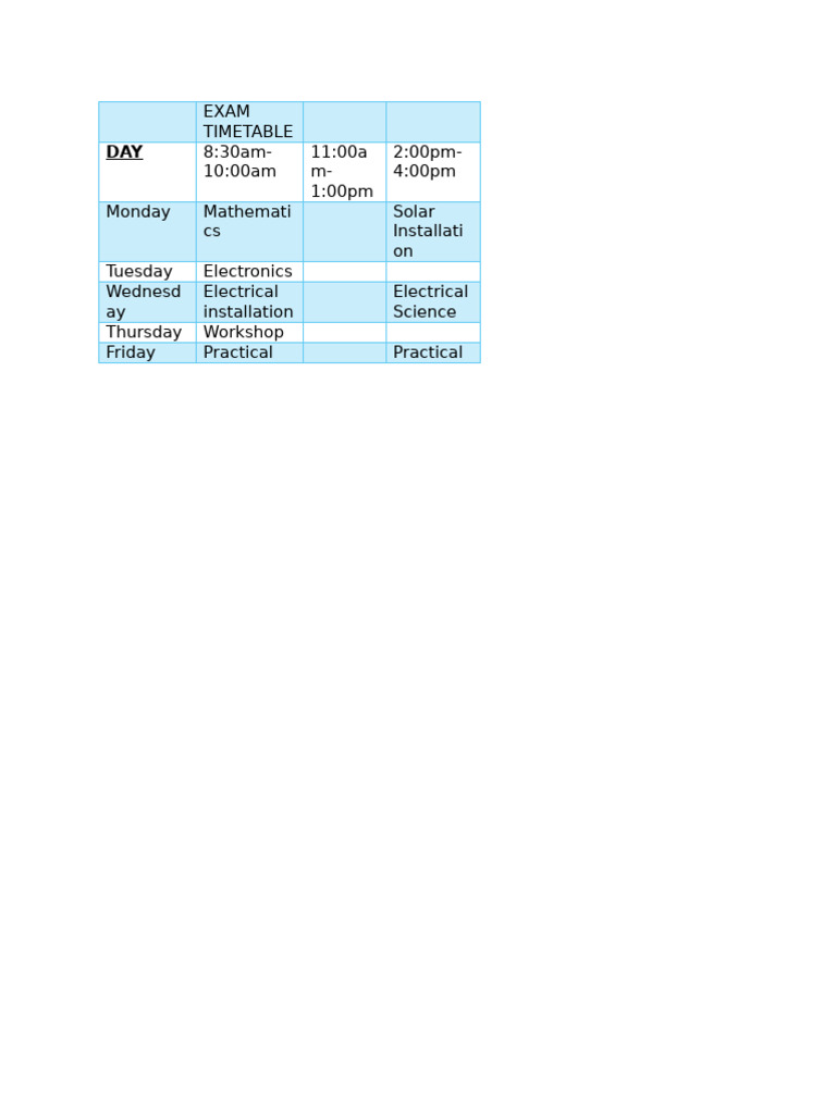 Weekly Exam Timetable Overview | PDF
