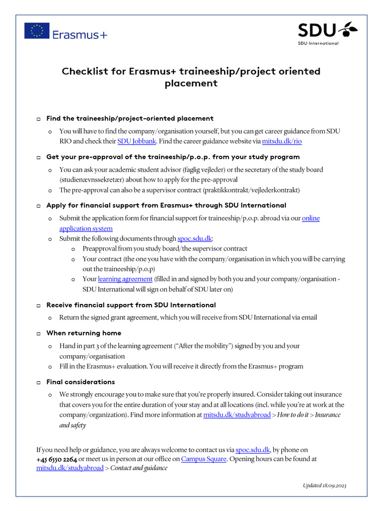 Checklist For Erasmus Traineeship and Project Oriented Placement | PDF
