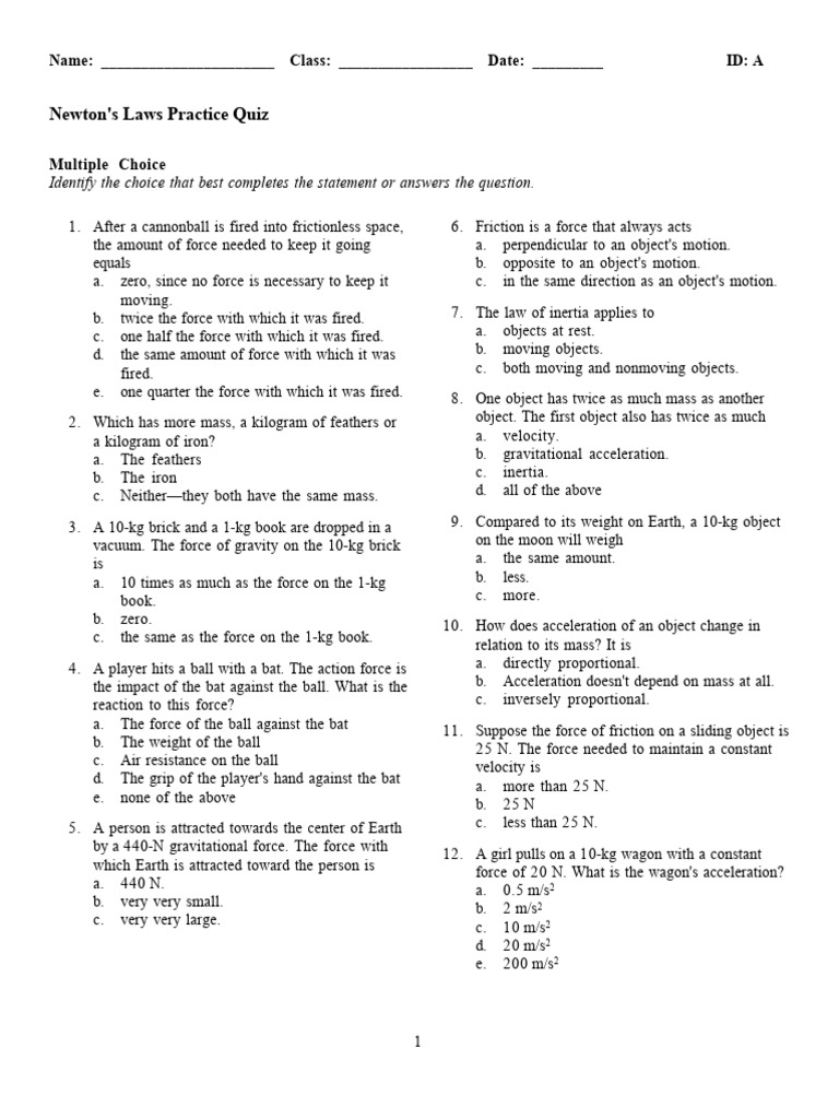 Newtons Laws Practice Quiz 2013 | PDF | Force | Mass