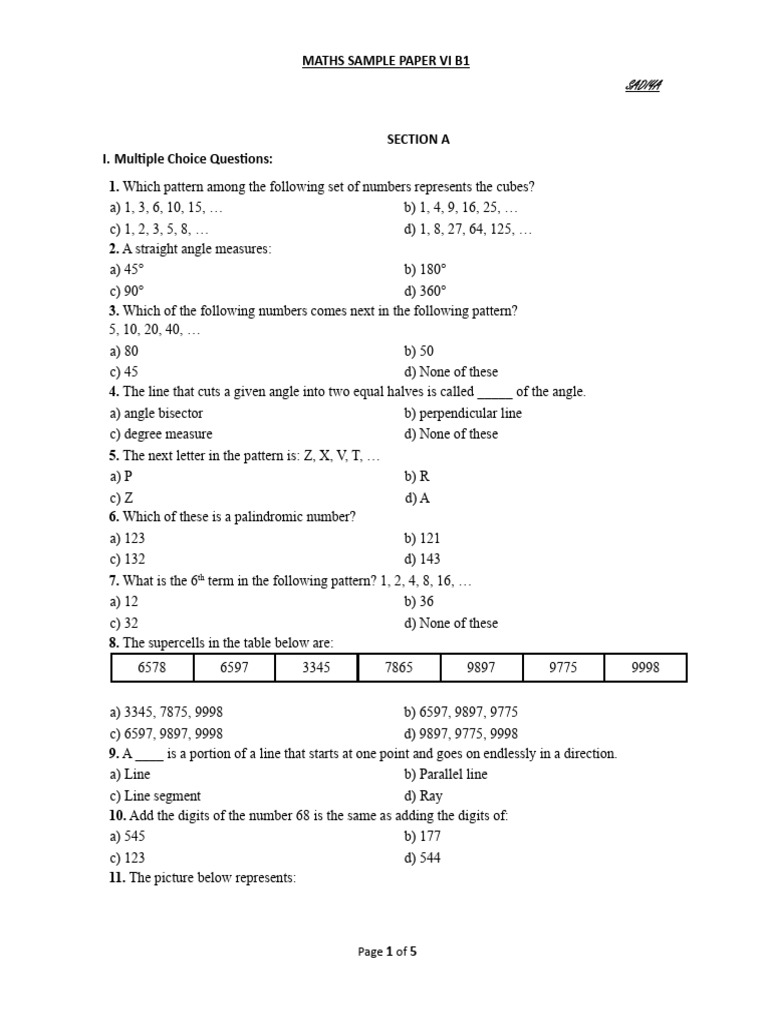 Class 6 Maths Sample Paper | PDF | Elementary Mathematics | Elementary ...