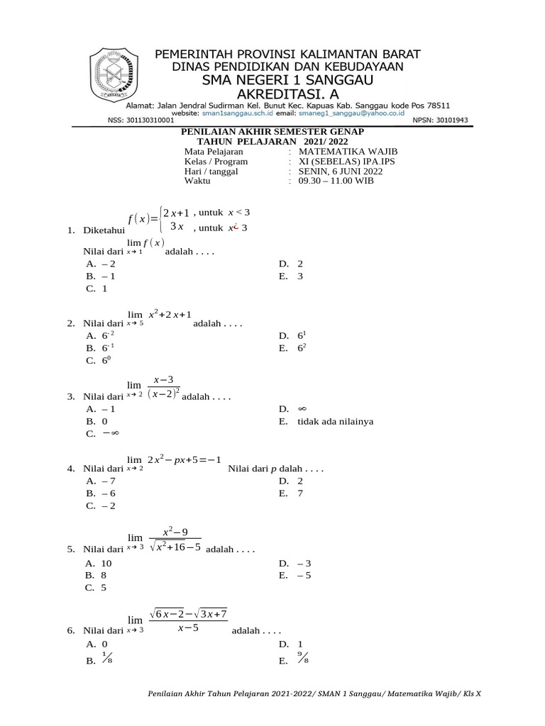 Soal Pat Mtk Wajib Xi_2022 | PDF