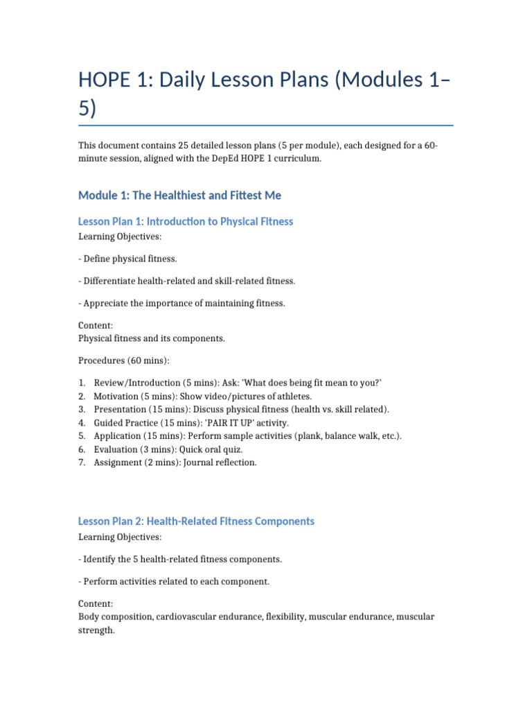 HOPE1 LessonPlans AllModules | PDF | Lesson Plan | Physical Fitness