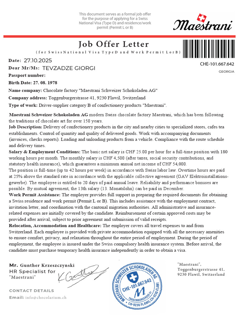 Job Offer for Driver at Maestrani | PDF | Salary | Employment