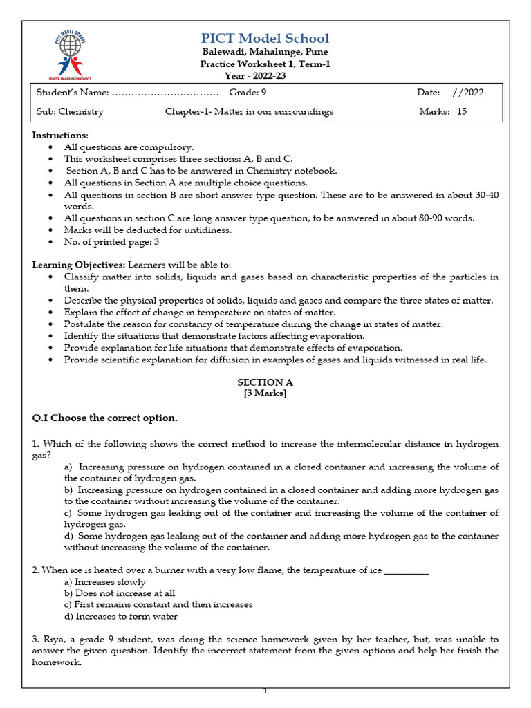 Grade 9 Chemistry Matter Worksheet | PDF | Gases | Liquids