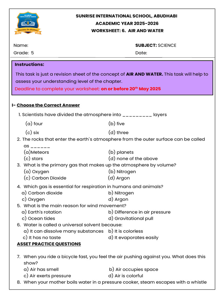 Grade 5 Science Worksheet: Air & Water | PDF | Atmosphere Of Earth | Water