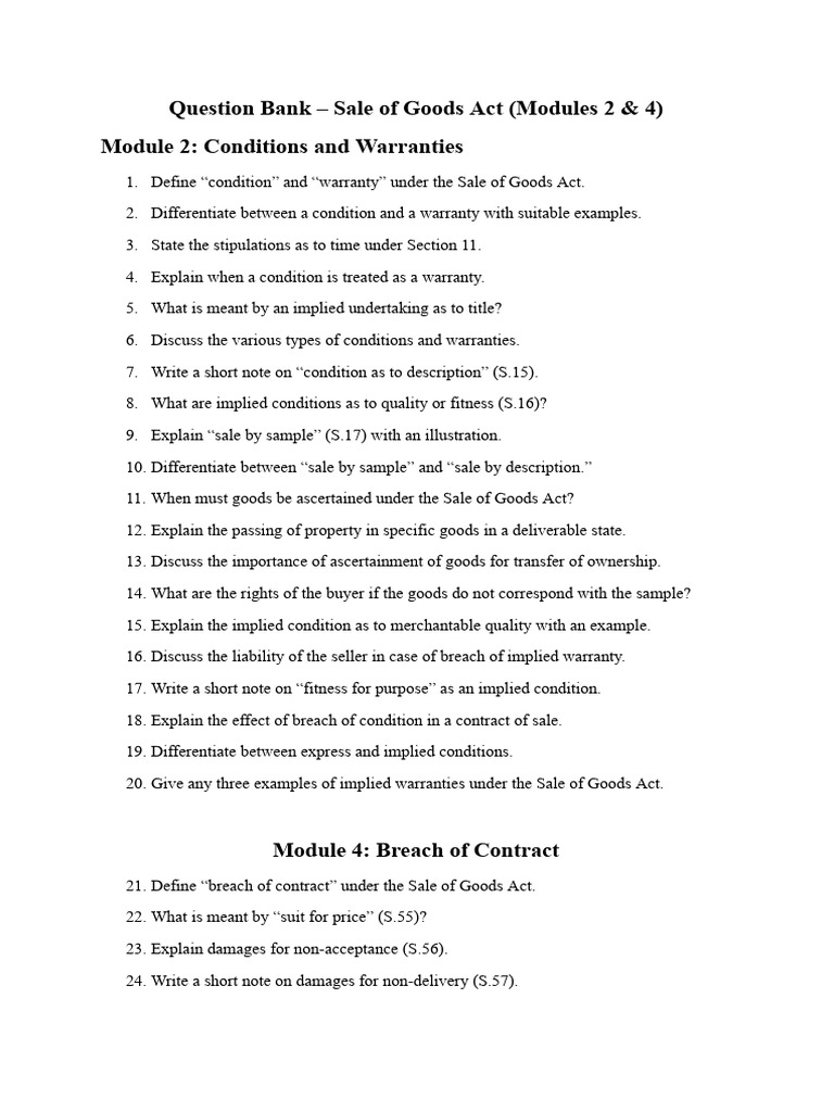Question Bank Sale of Goods Act Module 2 and 4 | PDF | Breach Of ...
