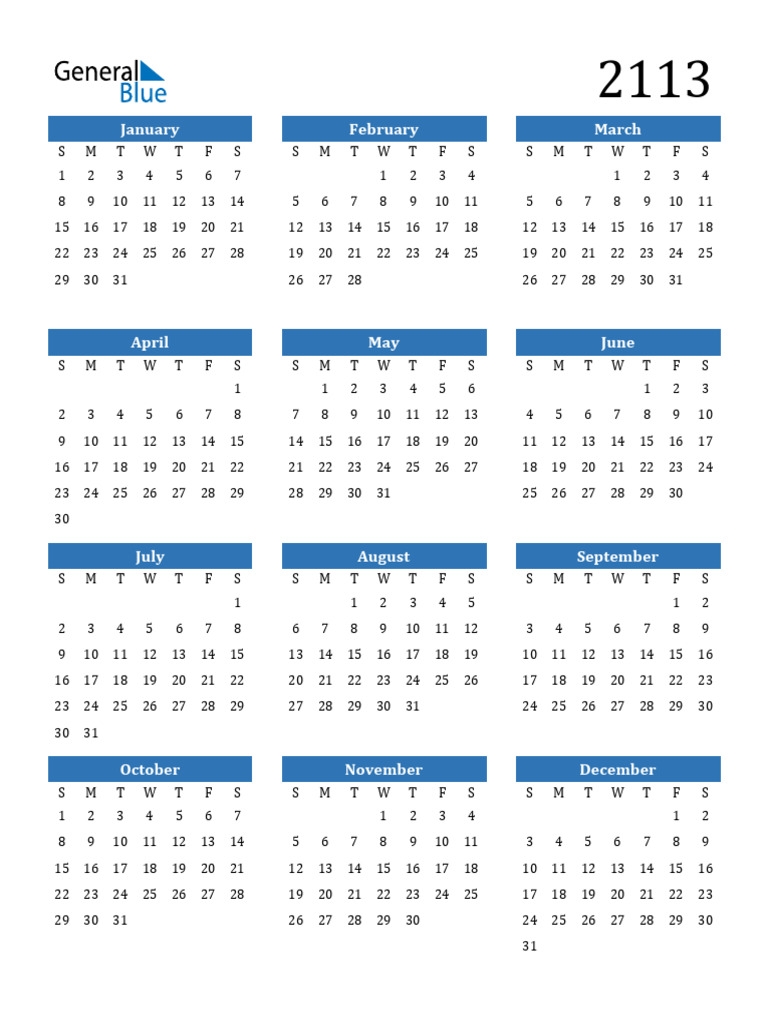 2113 Calendar Portrait Sunday Start | PDF