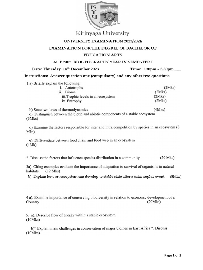 Biogeography Exam Questions 2023/2024 | PDF