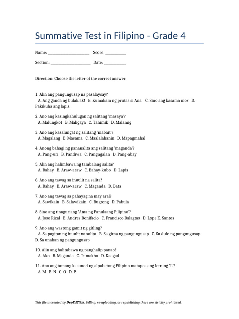 Summative Test Filipino 4 | PDF