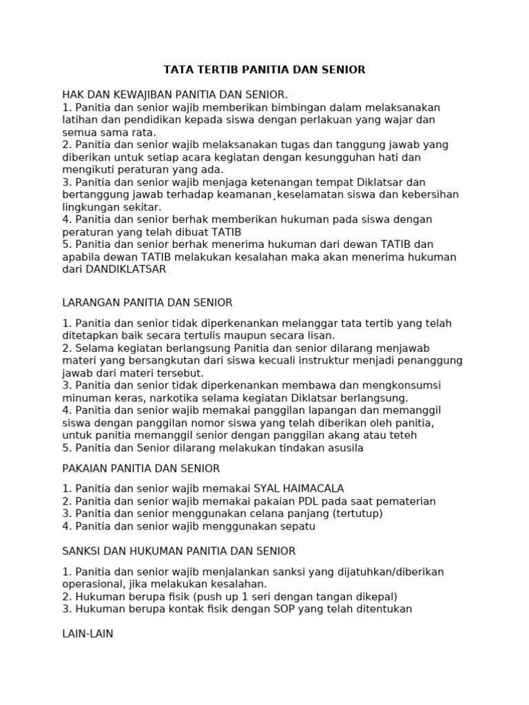 Tata Tertib Panitia dan Senior Diklatsar | PDF