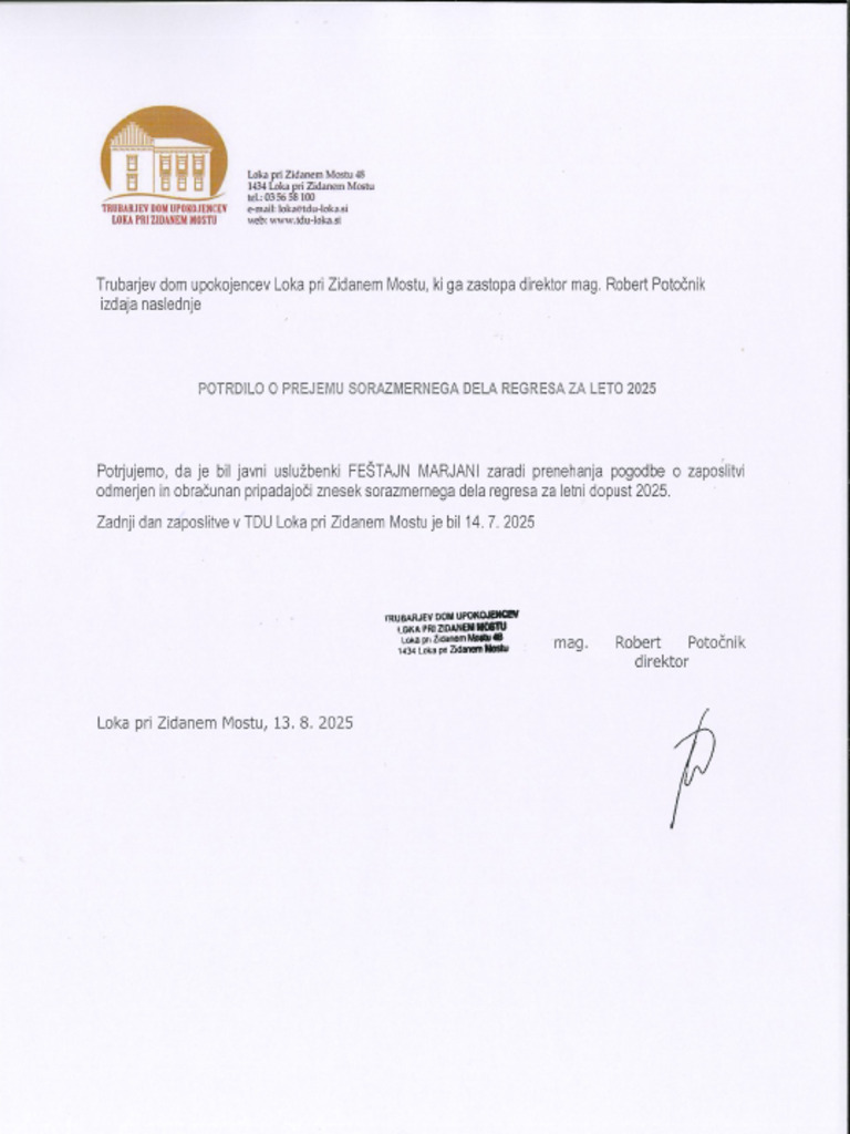 Potrdilo Regres-Feštajn | PDF