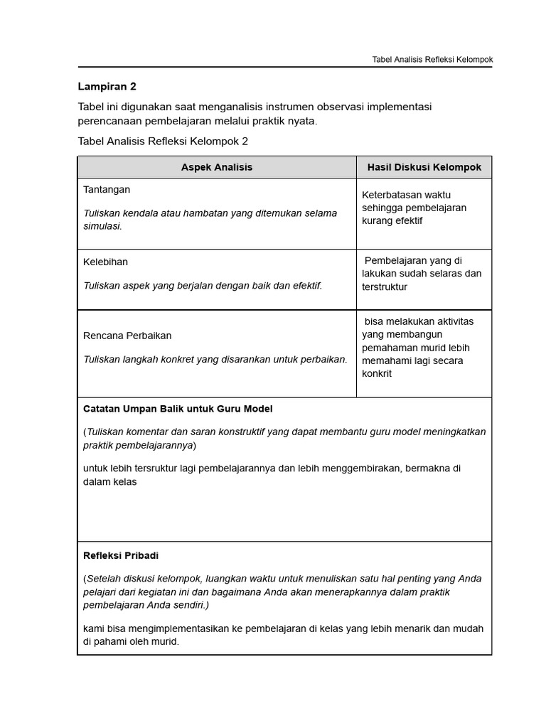 Analisis Refleksi Pembelajaran Kelompok | PDF