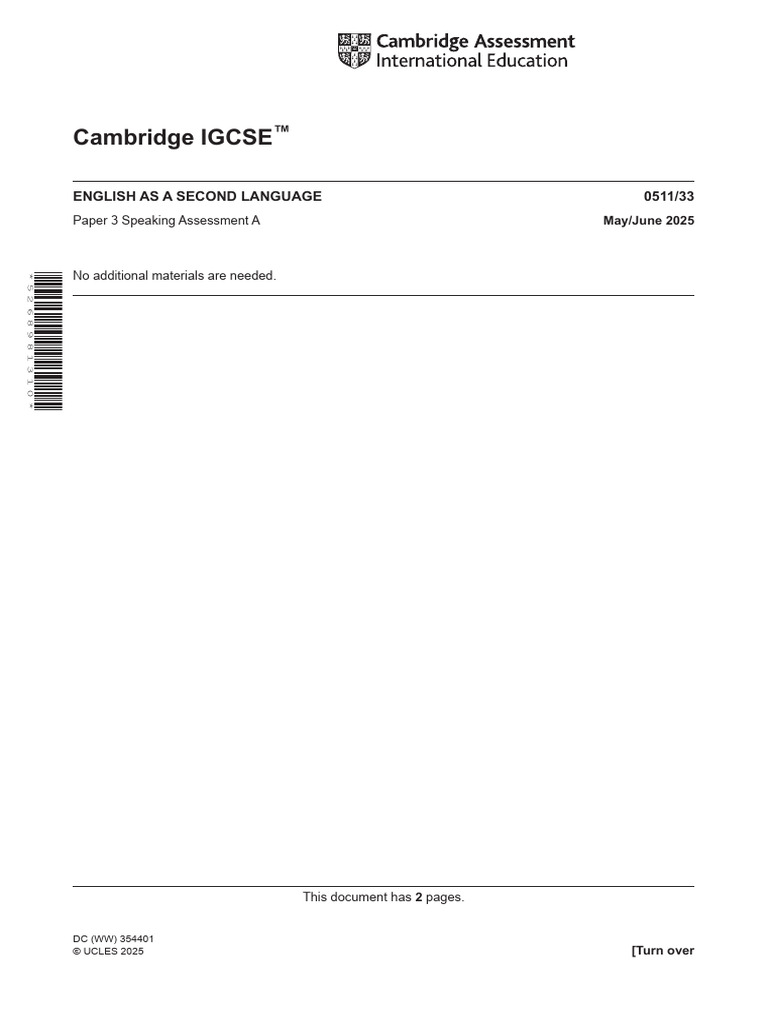 Cambridge IGCSE: English As A Second Language 0511/33 | PDF