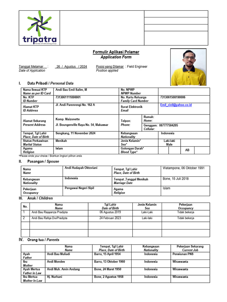Tripatra Personal Data Application Form (Andi Bau Emil Salim) | PDF