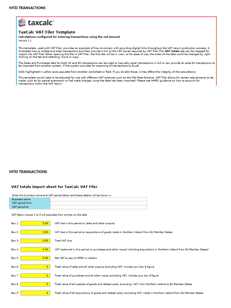 TaxCalc VAT Filer MTD Template | PDF | Value Added Tax | Payments