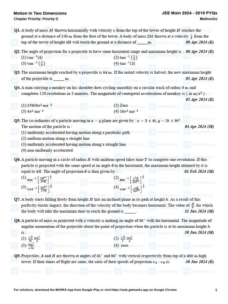 JEE Main 2024 Projectile Motion Questions | PDF | Acceleration | Mechanics