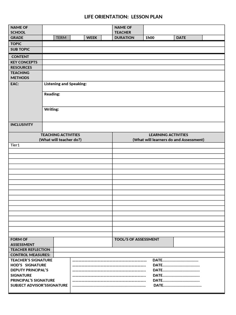 2018 Life Orientation - Weekly Lesson Plan Blank - 111714 | PDF