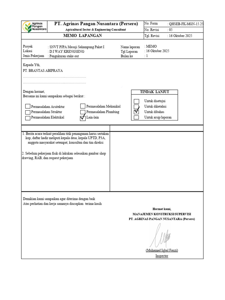 Memo Pengukuran Proyek D.I Way Krengseng | PDF