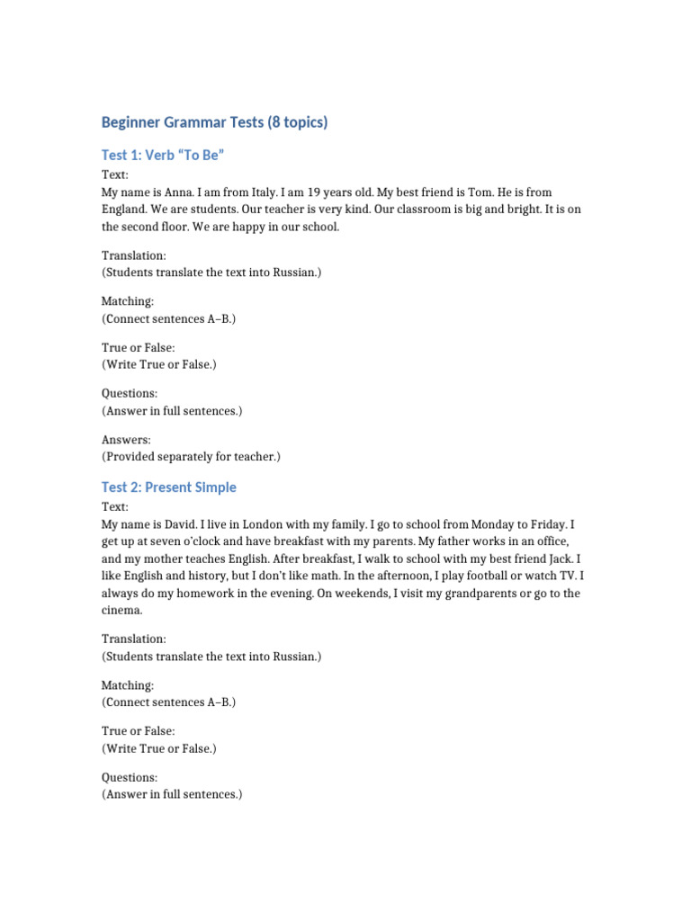 Beginner Grammar Tests 8 | PDF | Linguistics | Grammar
