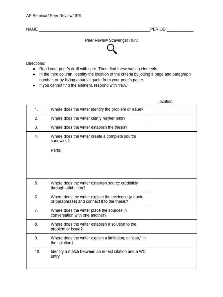 AP Seminar IRR Peer Review Scavenger Hunt | PDF