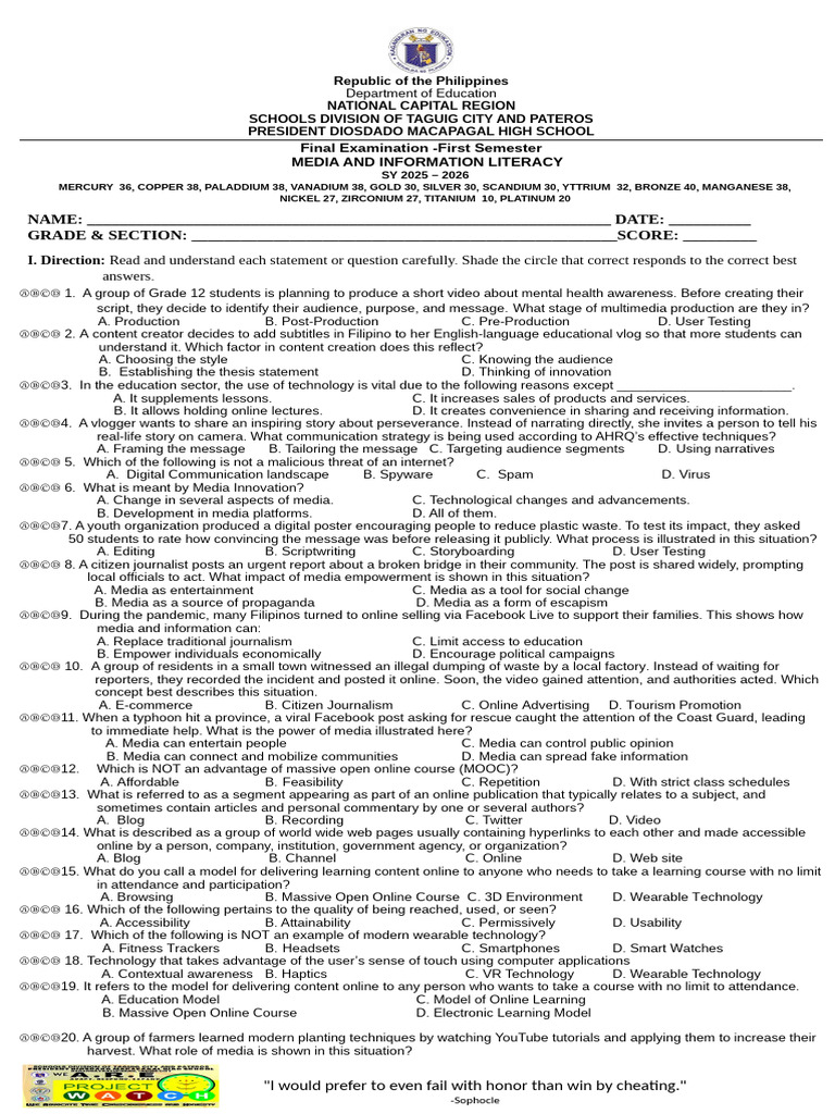 MIL - Grade 12 Final Exam 2025-2026 | PDF | Cyberspace | Human ...