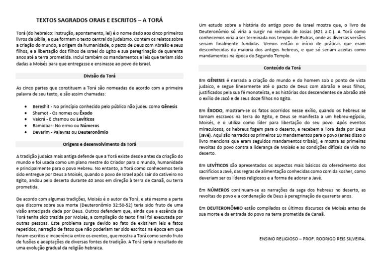 Textos Sagrados Orais e Escritos - A Torá | PDF | Torá | Moisés