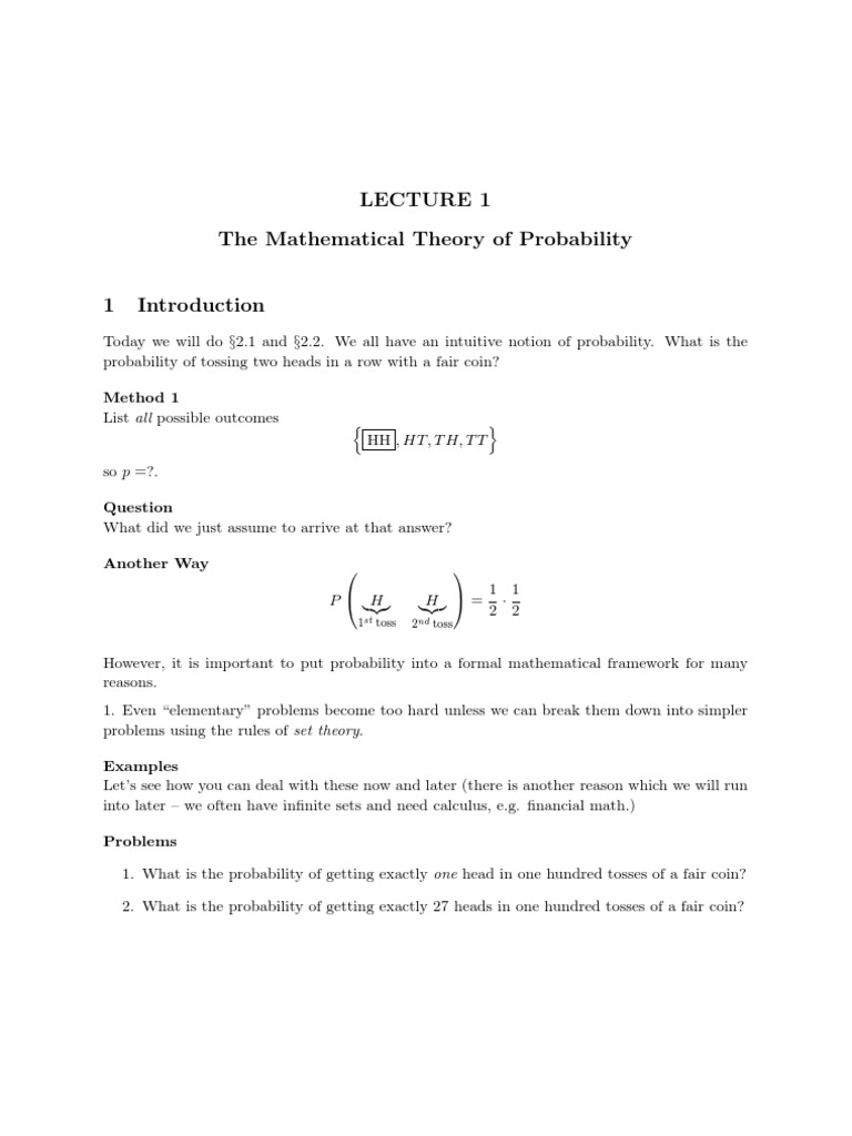 The Mathematical Theory of Probability: 1 Toss 2 Toss | PDF ...