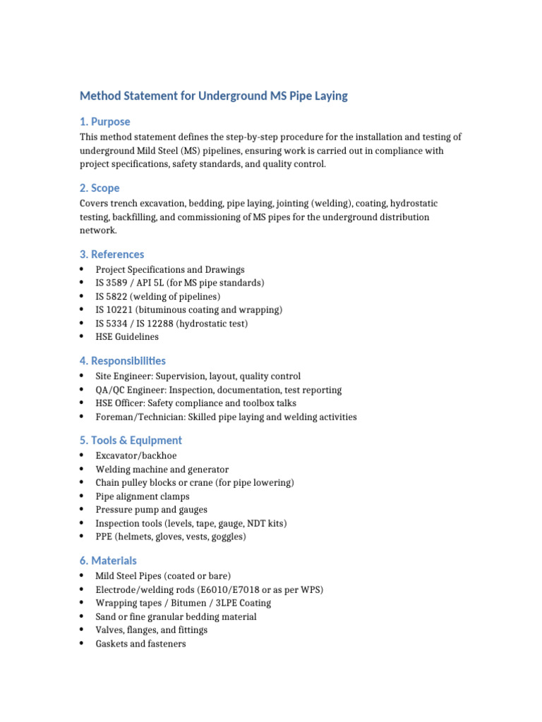 Method Statement MS Pipe Laying | PDF | Pipe (Fluid Conveyance) | Welding