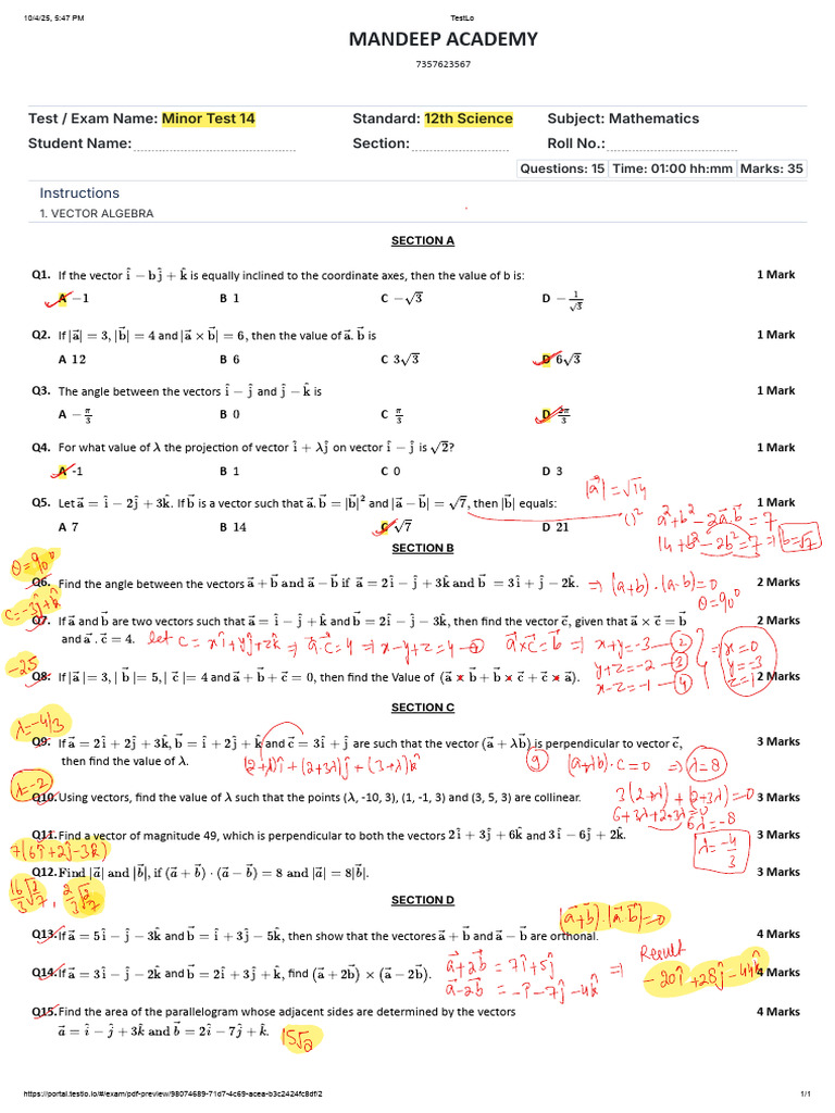 Class 12TH Minor Test 14 | PDF | Mathematics | Algebra