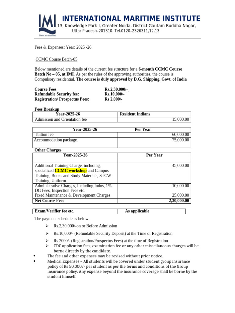 IMI Fees Break-Up - CCMC Course Batch No - 05 | PDF