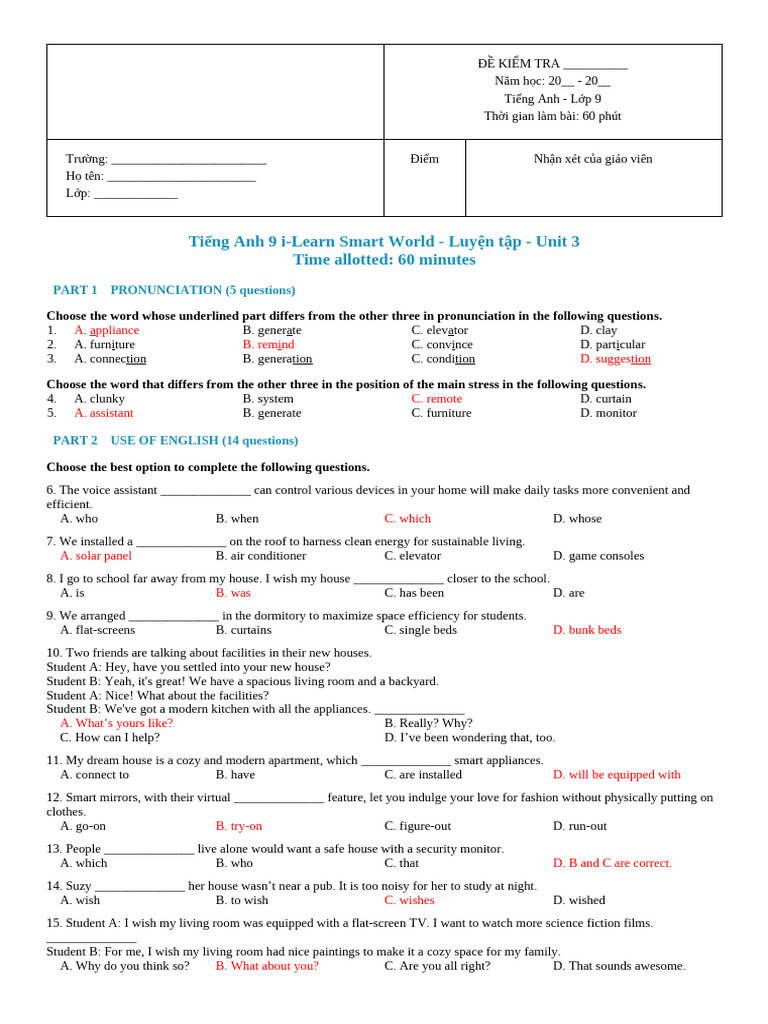 Tiếng Anh 9 I-Learn Smart World - Luyện Tập - Unit 3.Key | PDF