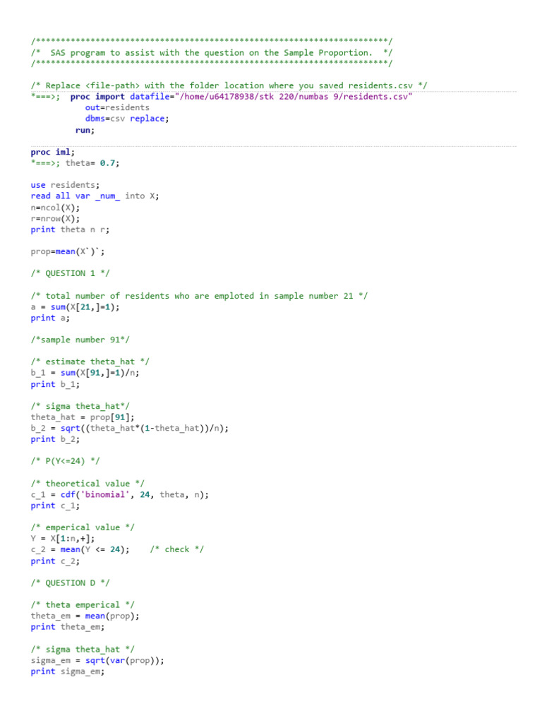 Code - Sample Proportion - Sas | PDF